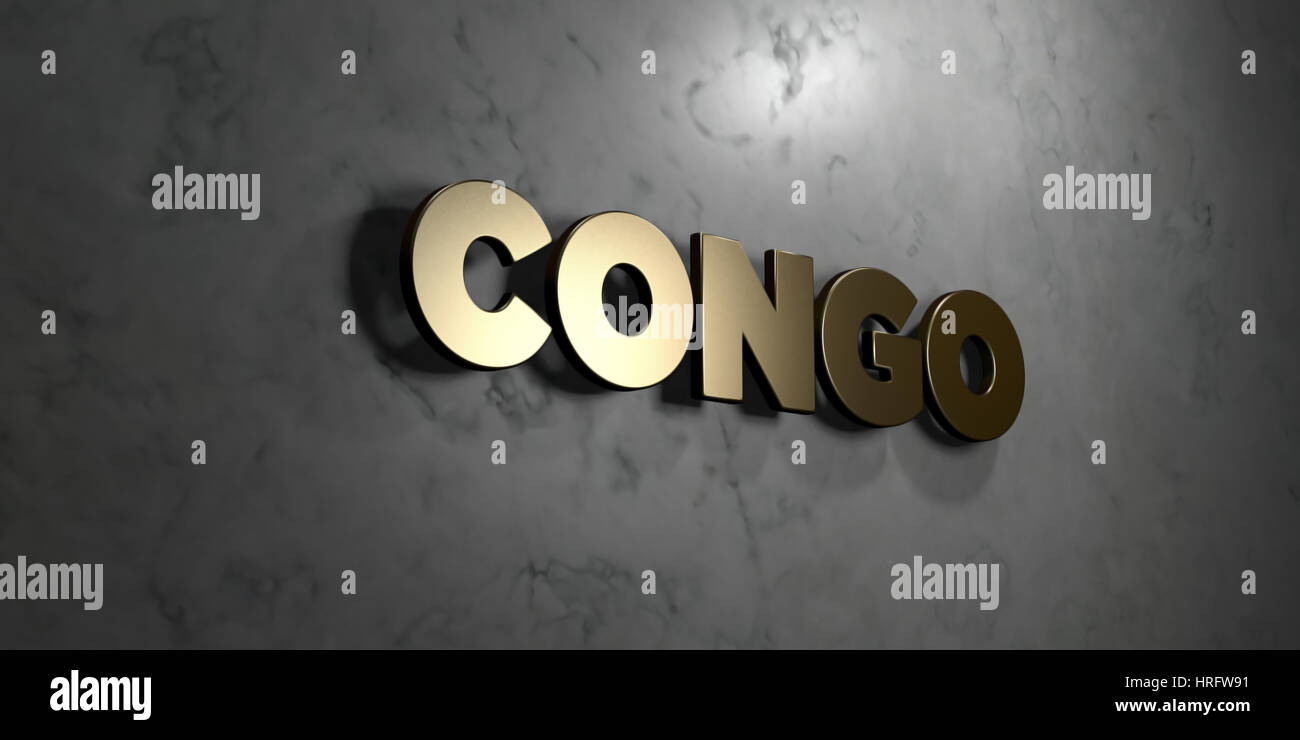 Congo - Gold sign mounted on glossy marble wall - 3D rendered royalty ...