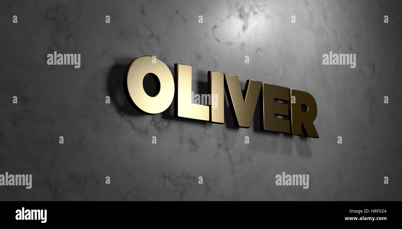 Oliver - Gold sign mounted on glossy marble wall - 3D rendered royalty ...