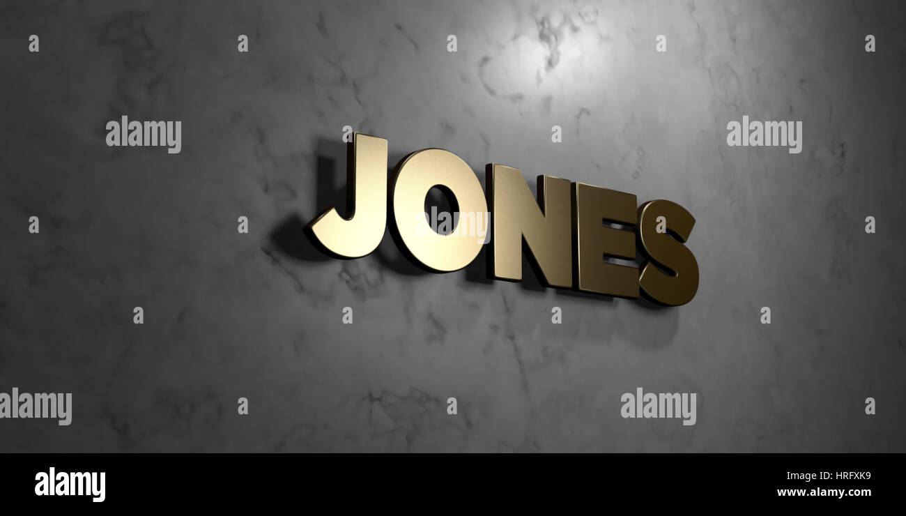 Jones - Gold sign mounted on glossy marble wall - 3D rendered royalty ...