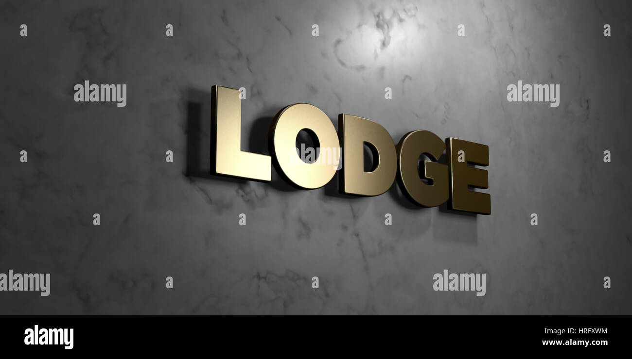 Lodge - Gold sign mounted on glossy marble wall - 3D rendered royalty ...