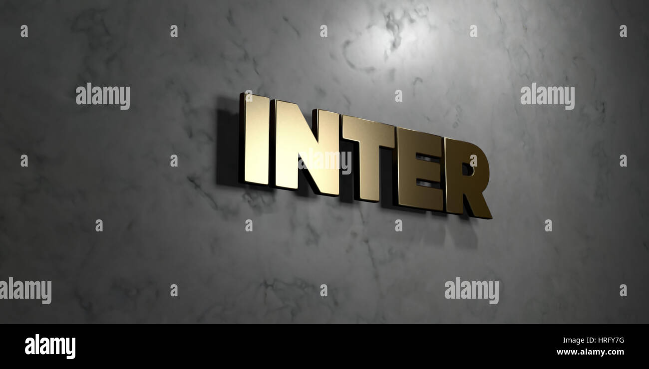 Inter - Gold sign mounted on glossy marble wall - 3D rendered royalty ...