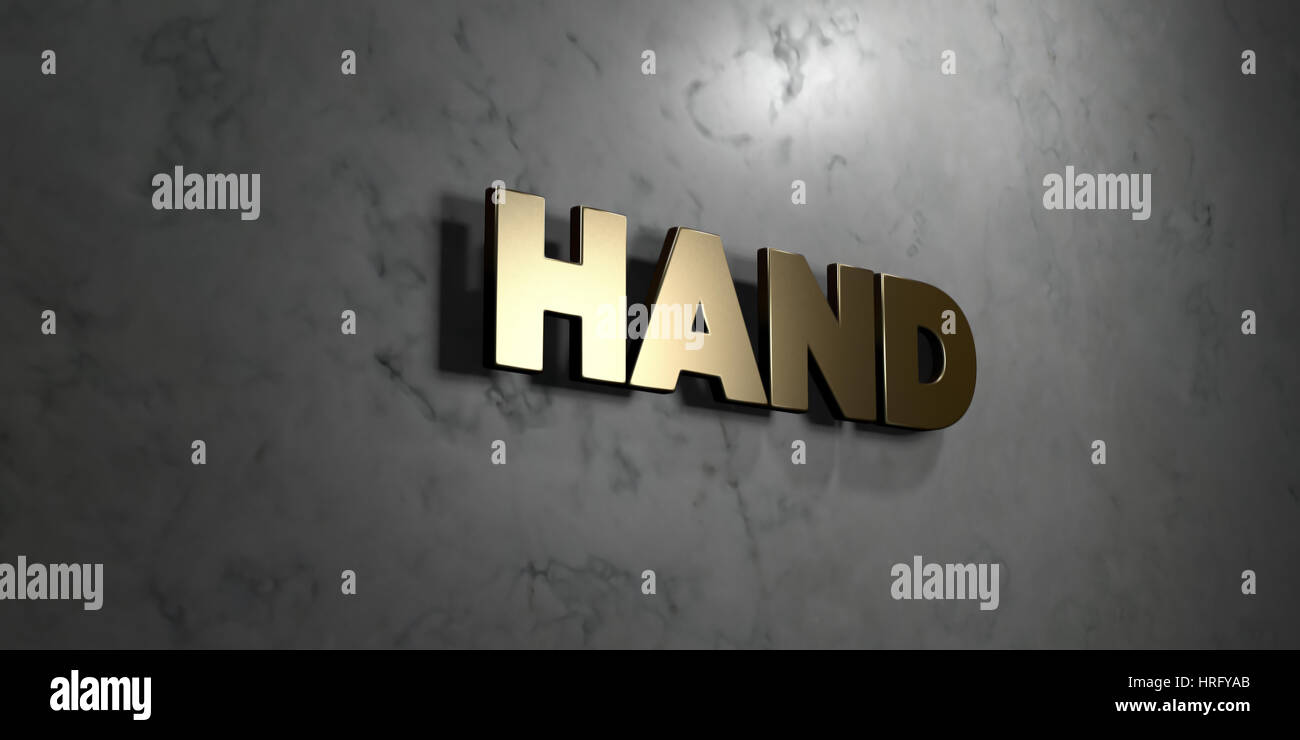Hand - Gold sign mounted on glossy marble wall - 3D rendered royalty ...