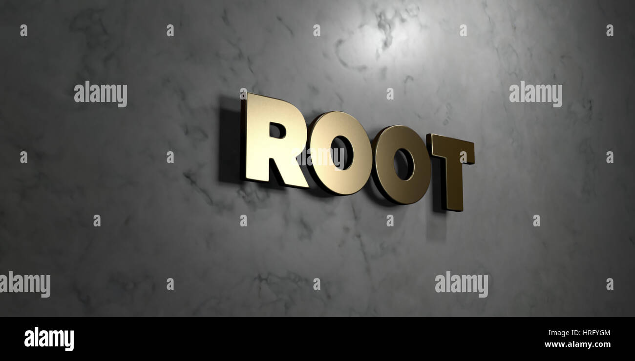 Root - Gold sign mounted on glossy marble wall - 3D rendered royalty ...