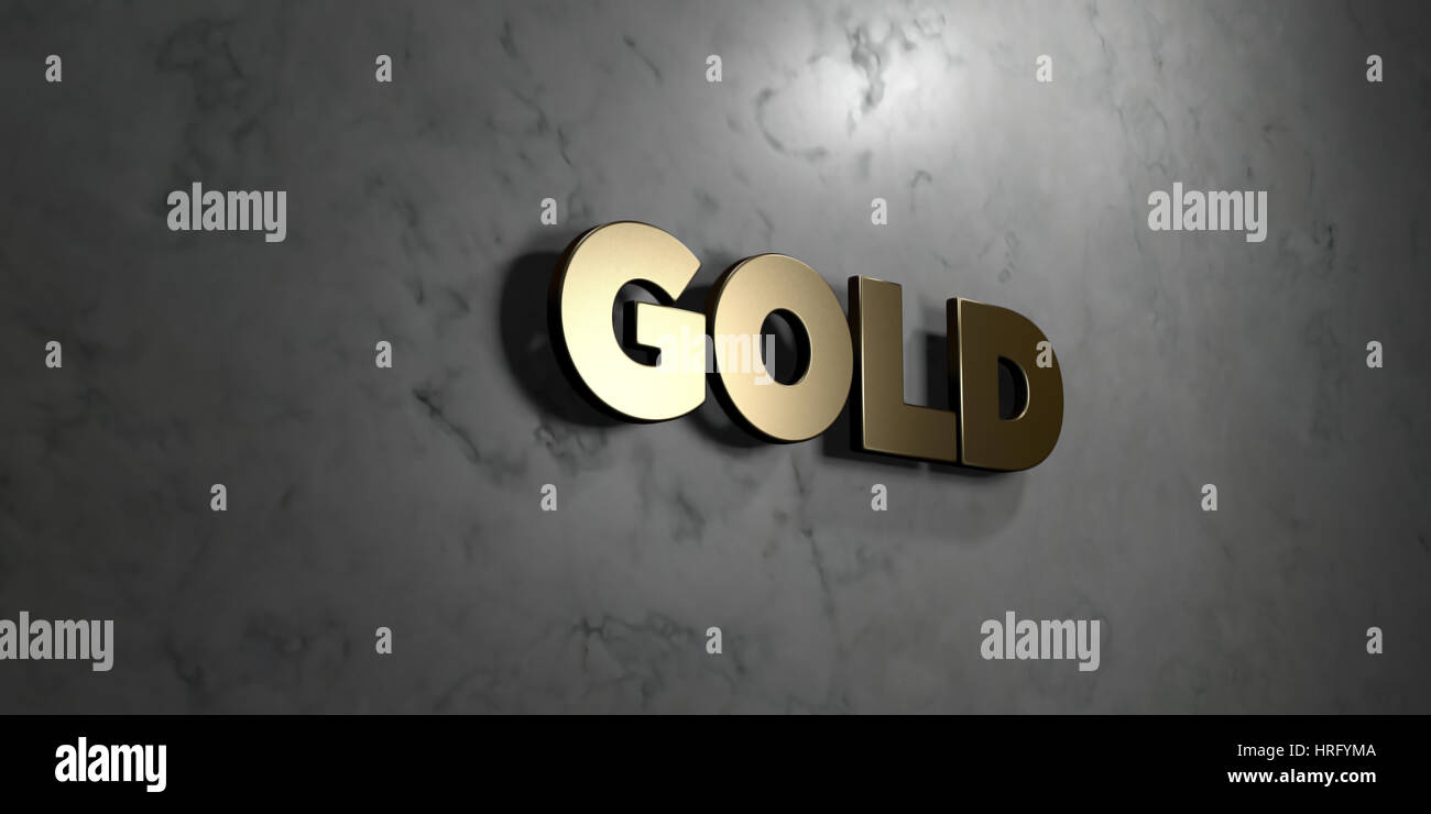 Gold - Gold sign mounted on glossy marble wall - 3D rendered royalty ...