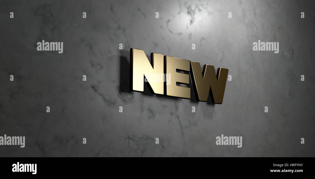 New - Gold sign mounted on glossy marble wall - 3D rendered royalty ...