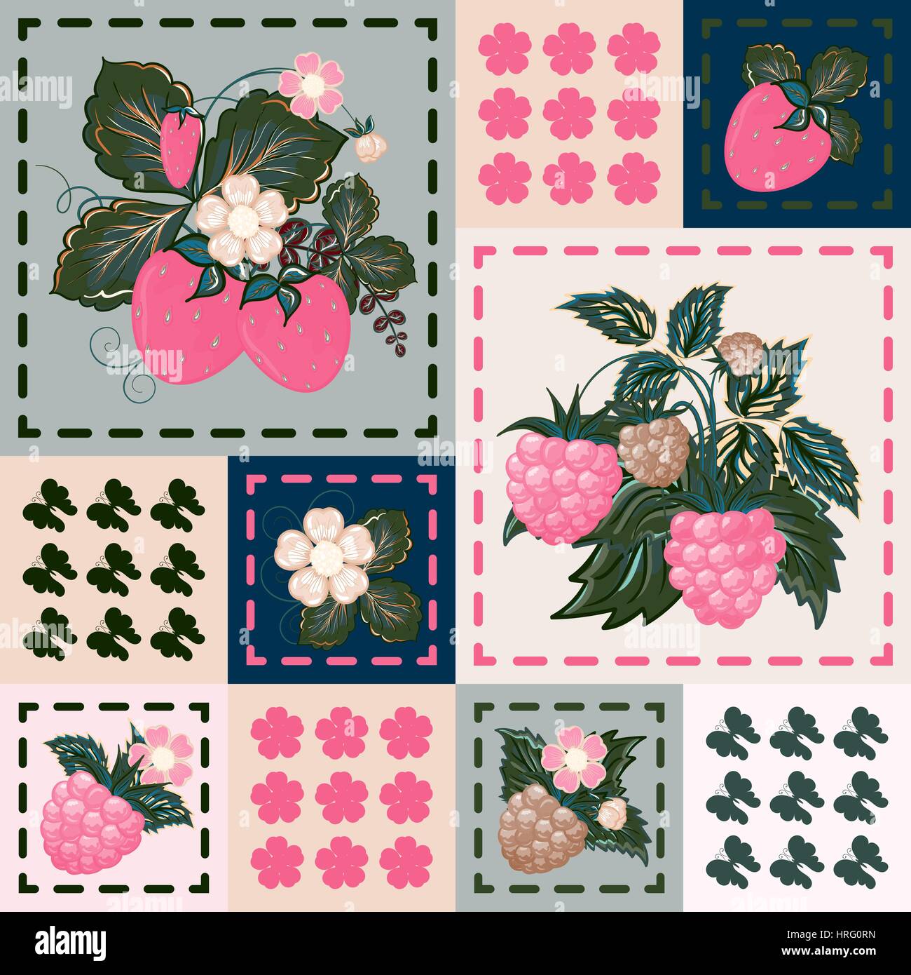 Patchwork background with strawberries and raspberries. Seamless vector ...