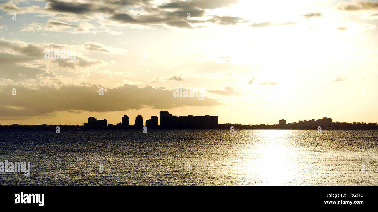 Beautiful panorama of the Miami skyline at sunset, from Key Biscayne ...