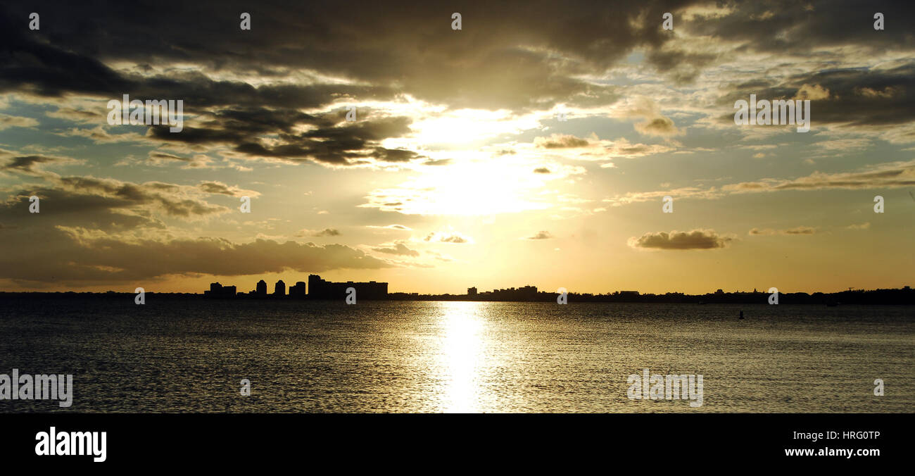Beautiful panorama of the Miami skyline at sunset, from Key Biscayne ...
