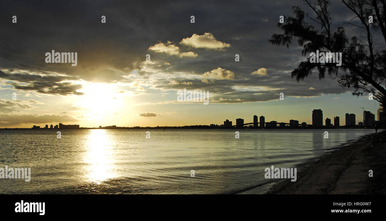 Beautiful panorama of the Miami skyline at sunset, from Key Biscayne ...