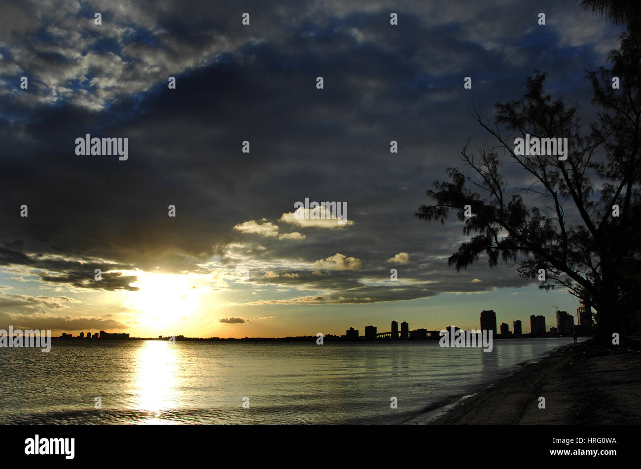 Beautiful panorama of the Miami skyline at sunset, from Key Biscayne ...