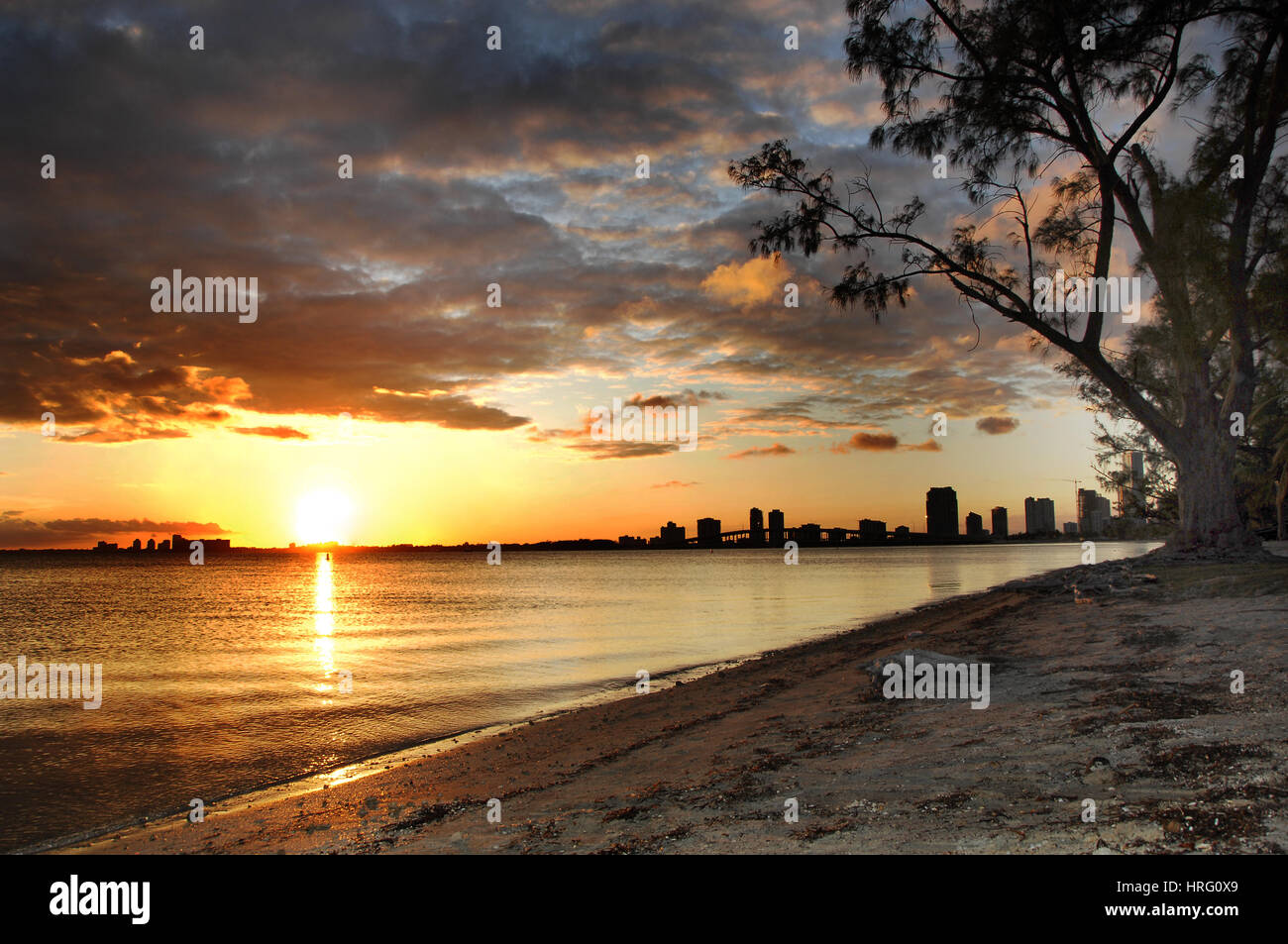 Beautiful panorama of the Miami skyline at sunset, from Key Biscayne ...