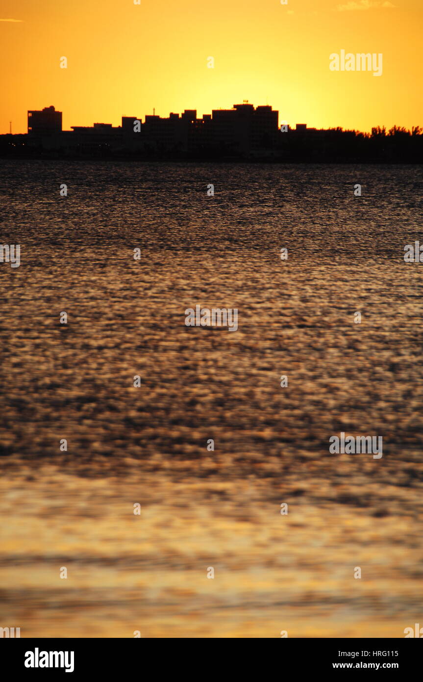 Beautiful panorama of the Miami skyline at sunset, from Key Biscayne ...