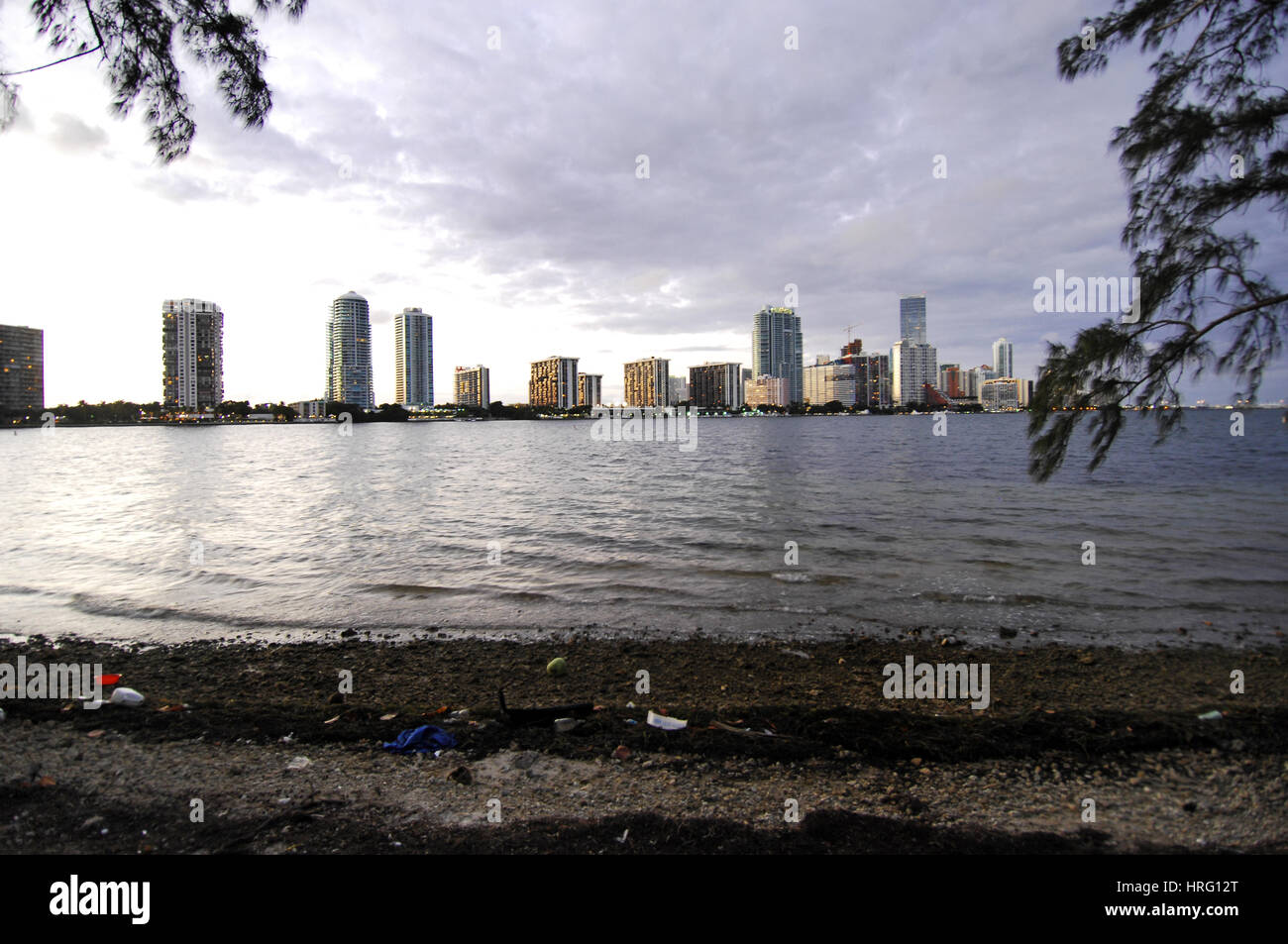 Miami cityscape skyline at dawn sunrise with dark clouds, Florida, USA ...