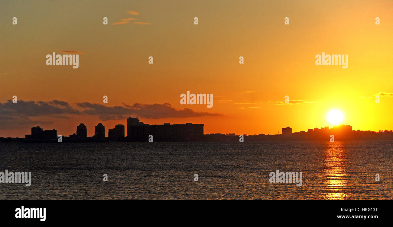 Beautiful panorama of the Miami skyline at sunset, from Key Biscayne ...