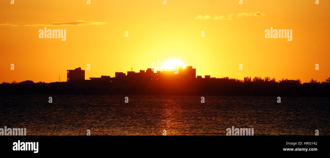 Beautiful panorama of the Miami skyline at sunset, from Key Biscayne ...