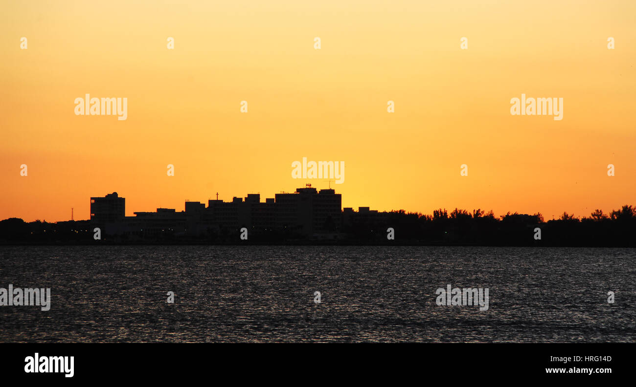 Beautiful panorama of the Miami skyline at sunset, from Key Biscayne ...