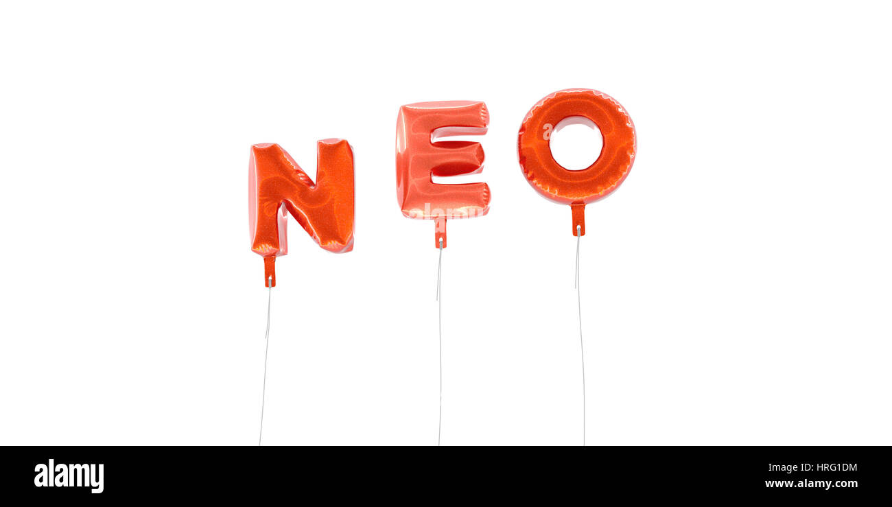 NEO - word made from red foil balloons - 3D rendered. Can be used for ...