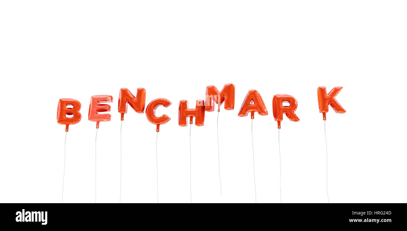 BENCHMARK - word made from red foil balloons - 3D rendered. Can be used ...
