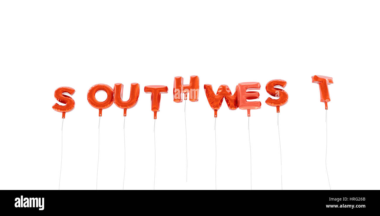 SOUTHWEST - word made from red foil balloons - 3D rendered. Can be used ...