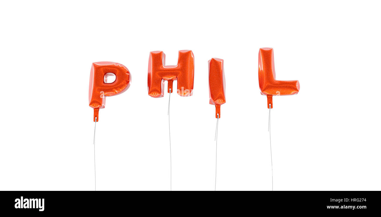 PHIL - word made from red foil balloons - 3D rendered. Can be used for ...