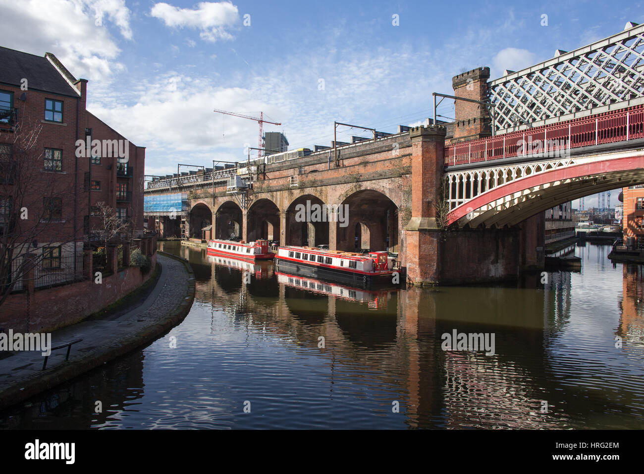 Railway Bridge above the Rochdale Canal, Castlefield, Manchester Stock ...