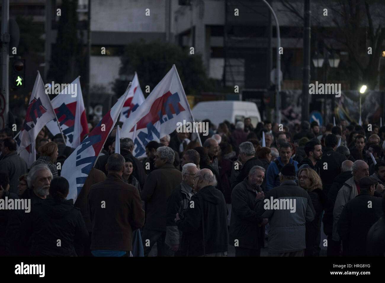Athens, Greece. 1st Mar, 2017. Protesters wave flags and shout slogans ...