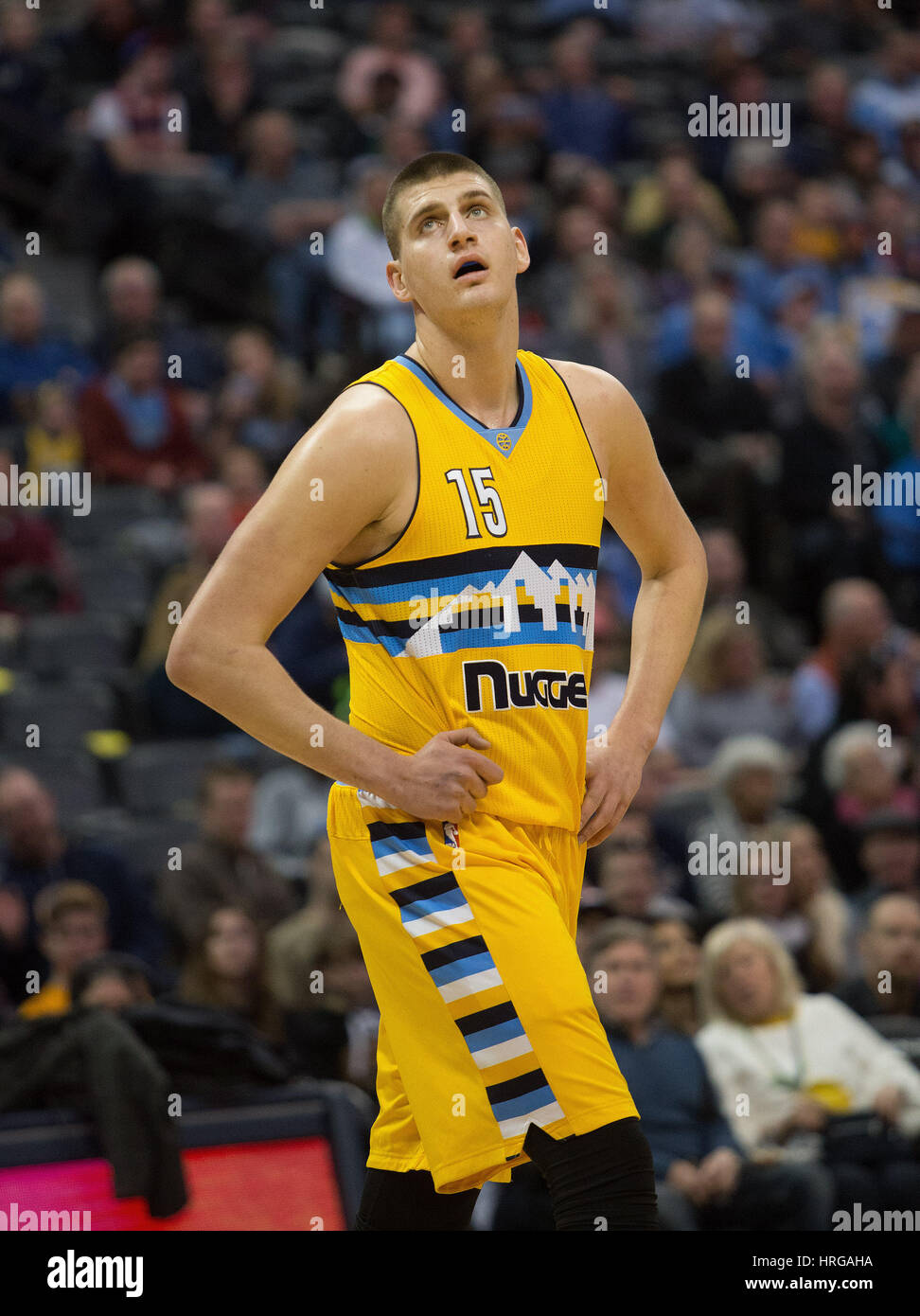 Denver, Colorado, USA. 26th Feb, 2017. Nuggets NIKOLA JOKIC looks up to ...
