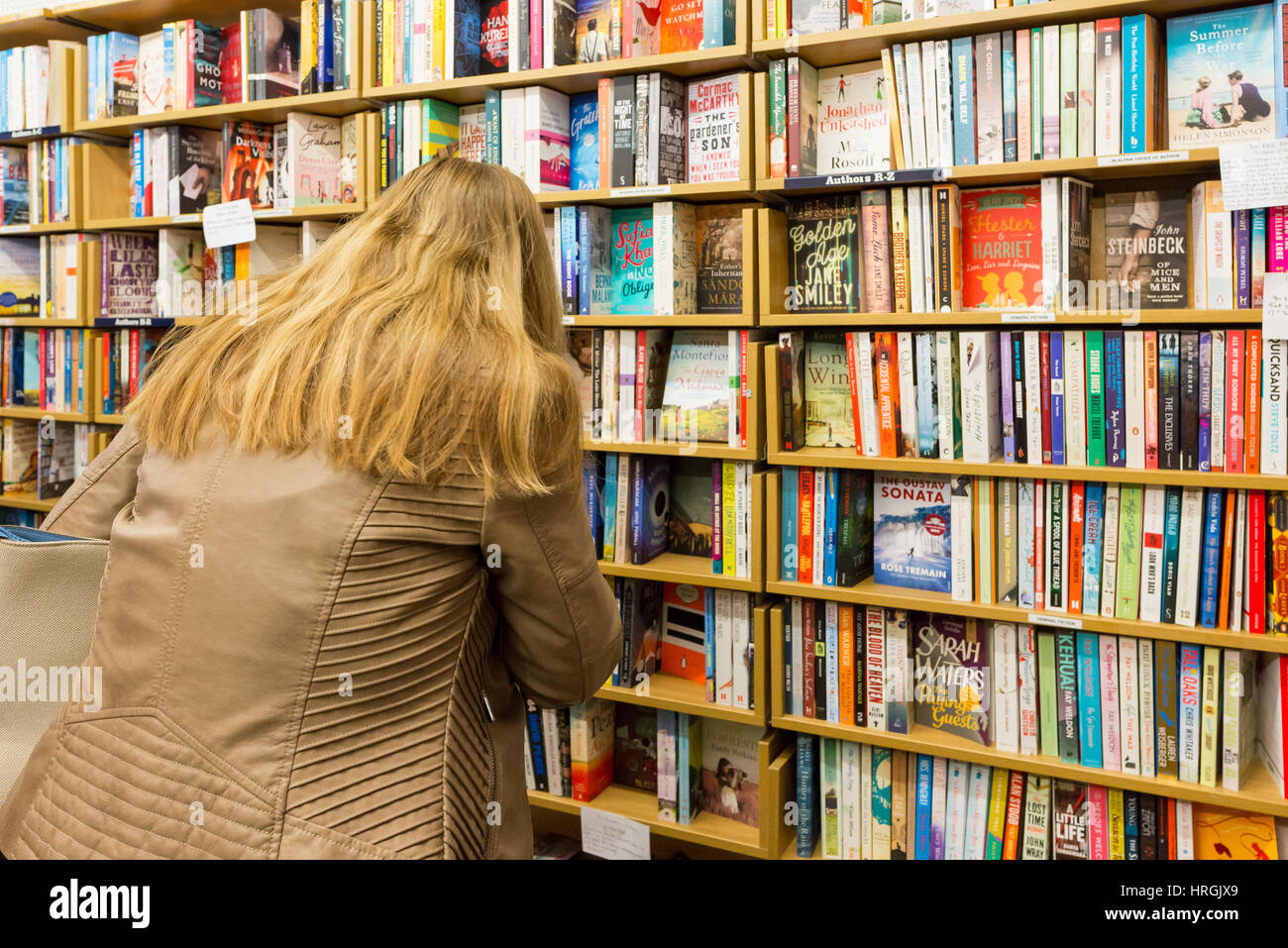 Woman browsing books on a tall bookcase in a bookshop on World Book Day ...