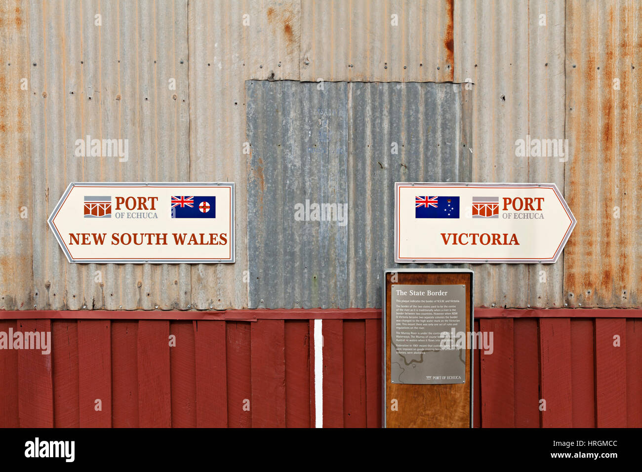 Border marker at the historic Port of Echuca Wharf,located on the ...