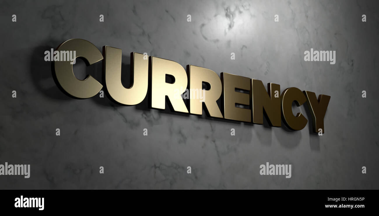 Currency - Gold sign mounted on glossy marble wall - 3D rendered ...