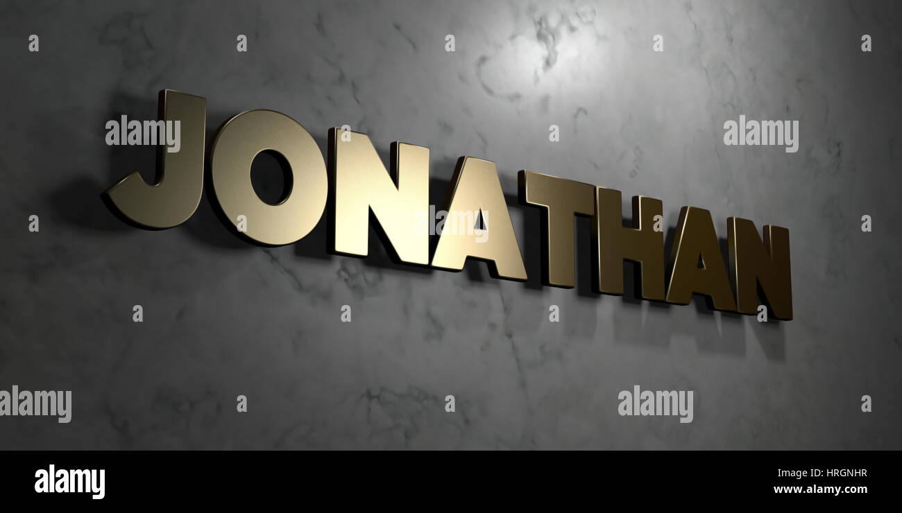 Jonathan - Gold sign mounted on glossy marble wall - 3D rendered ...