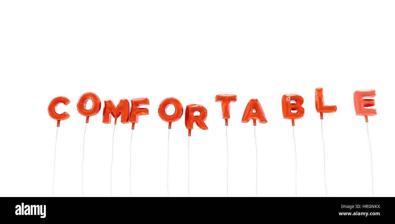 COMFORTABLE - word made from red foil balloons - 3D rendered. Can be ...