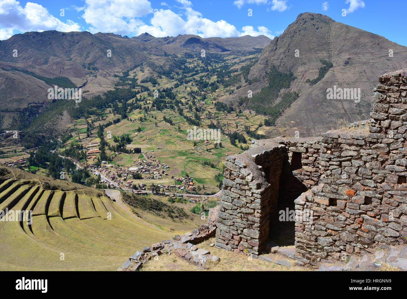 Ruins of the Inca town of Pisaq, in the Inca Sacred Valley, near to ...