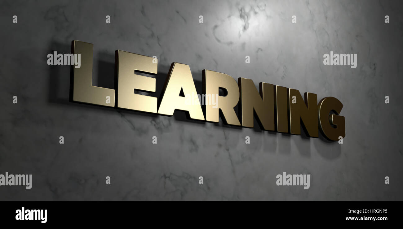 Learning - Gold sign mounted on glossy marble wall - 3D rendered ...