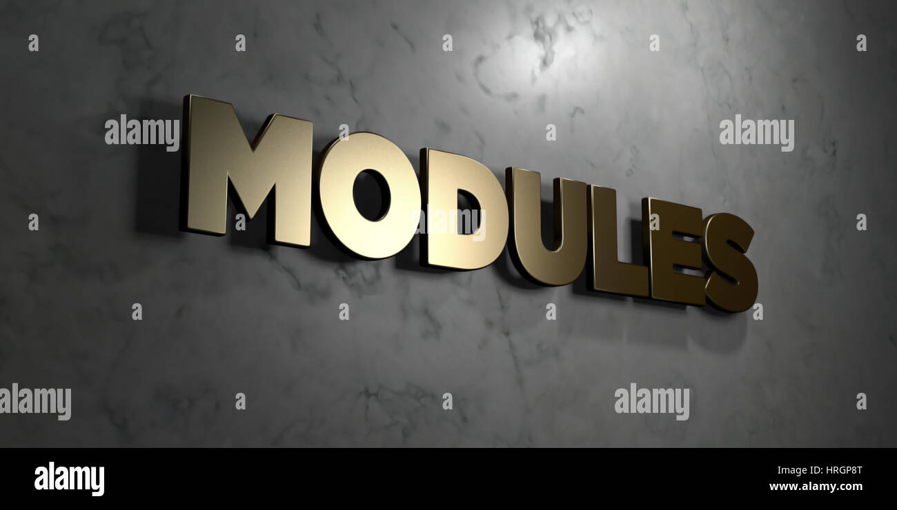 Modules - Gold sign mounted on glossy marble wall - 3D rendered royalty ...