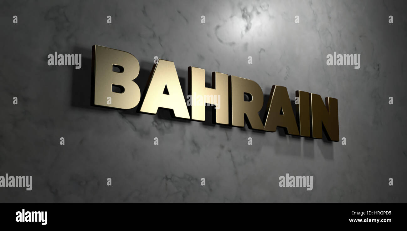 Bahrain - Gold sign mounted on glossy marble wall - 3D rendered royalty ...
