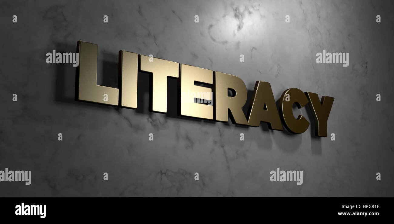 Literacy - Gold sign mounted on glossy marble wall - 3D rendered ...