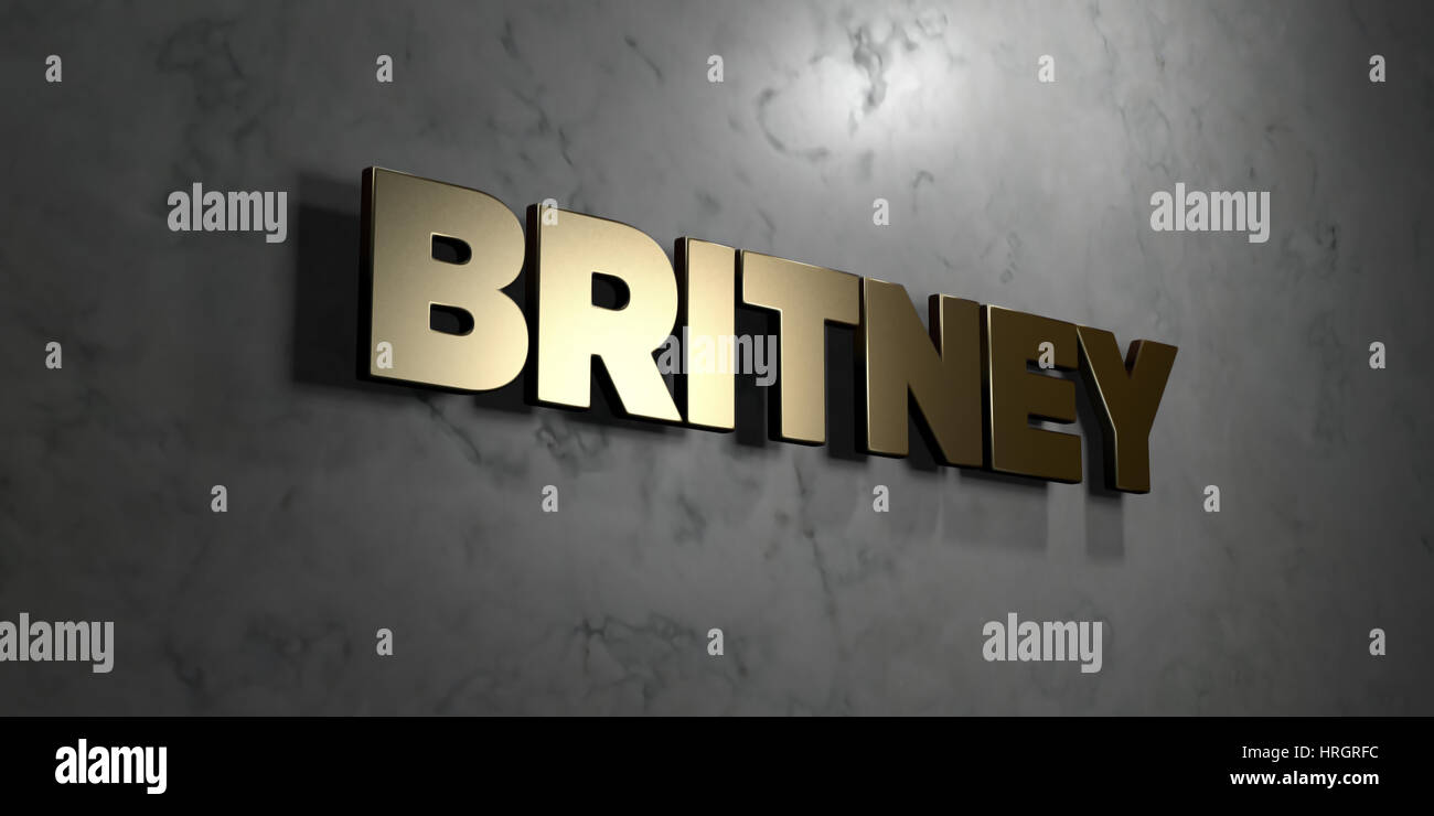 Britney - Gold sign mounted on glossy marble wall - 3D rendered royalty ...