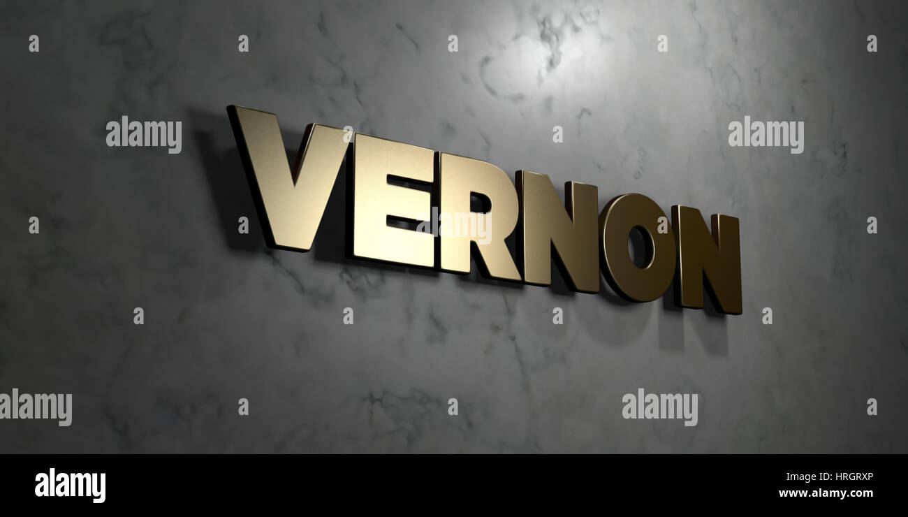 Vernon - Gold sign mounted on glossy marble wall - 3D rendered royalty ...