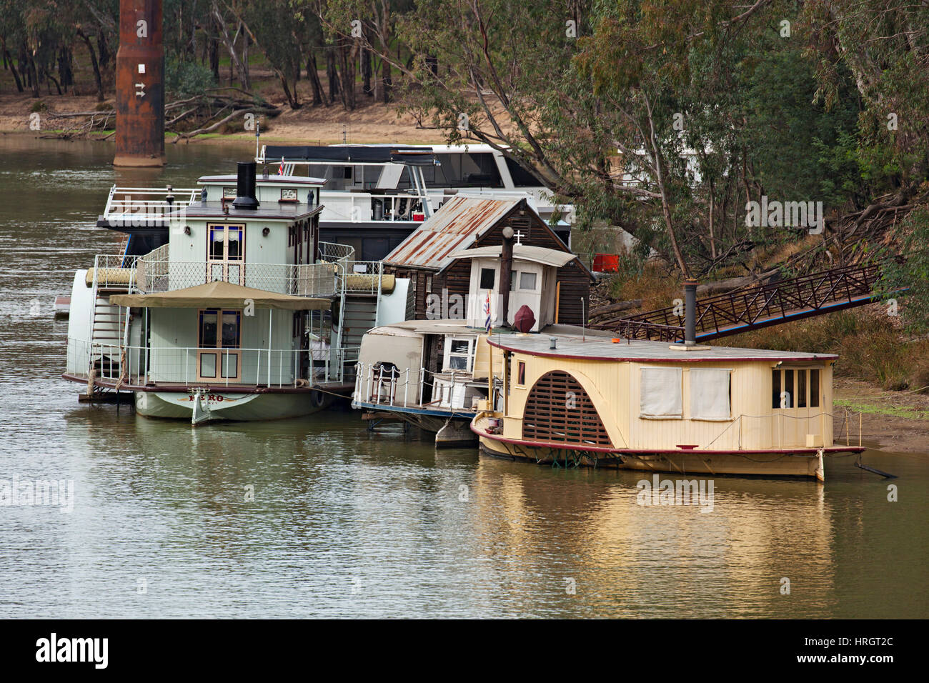 Old Paddlesteamers moored in the historic Port of Echuca,located on the ...