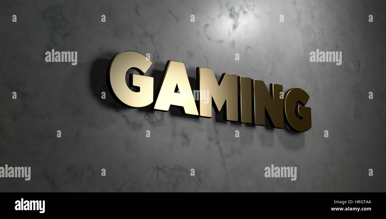 Gaming - Gold sign mounted on glossy marble wall - 3D rendered royalty ...