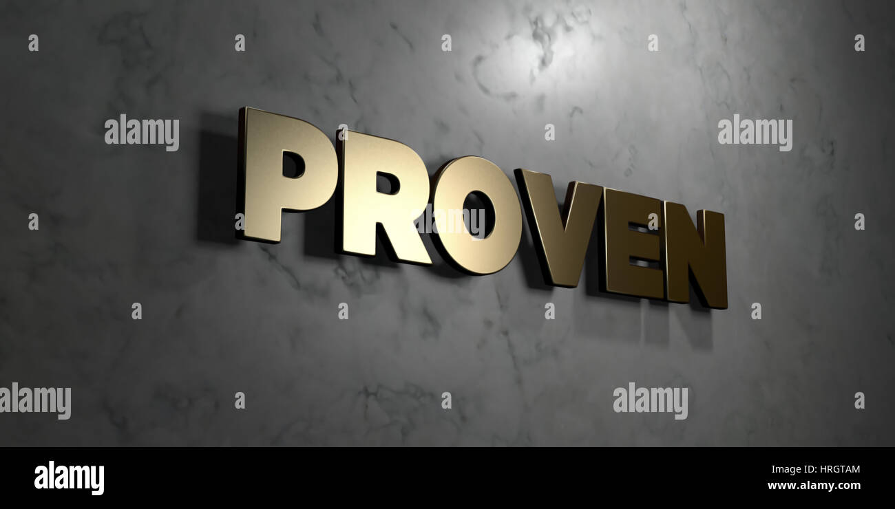 Proven - Gold sign mounted on glossy marble wall - 3D rendered royalty ...