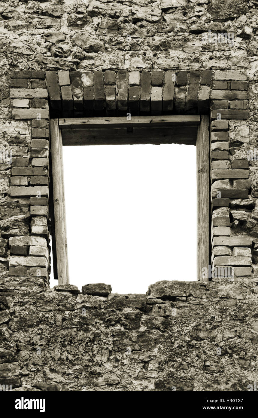 Ruined rustic limestone boulder rubble wall masonry stonework ruins and empty blank isolated ...