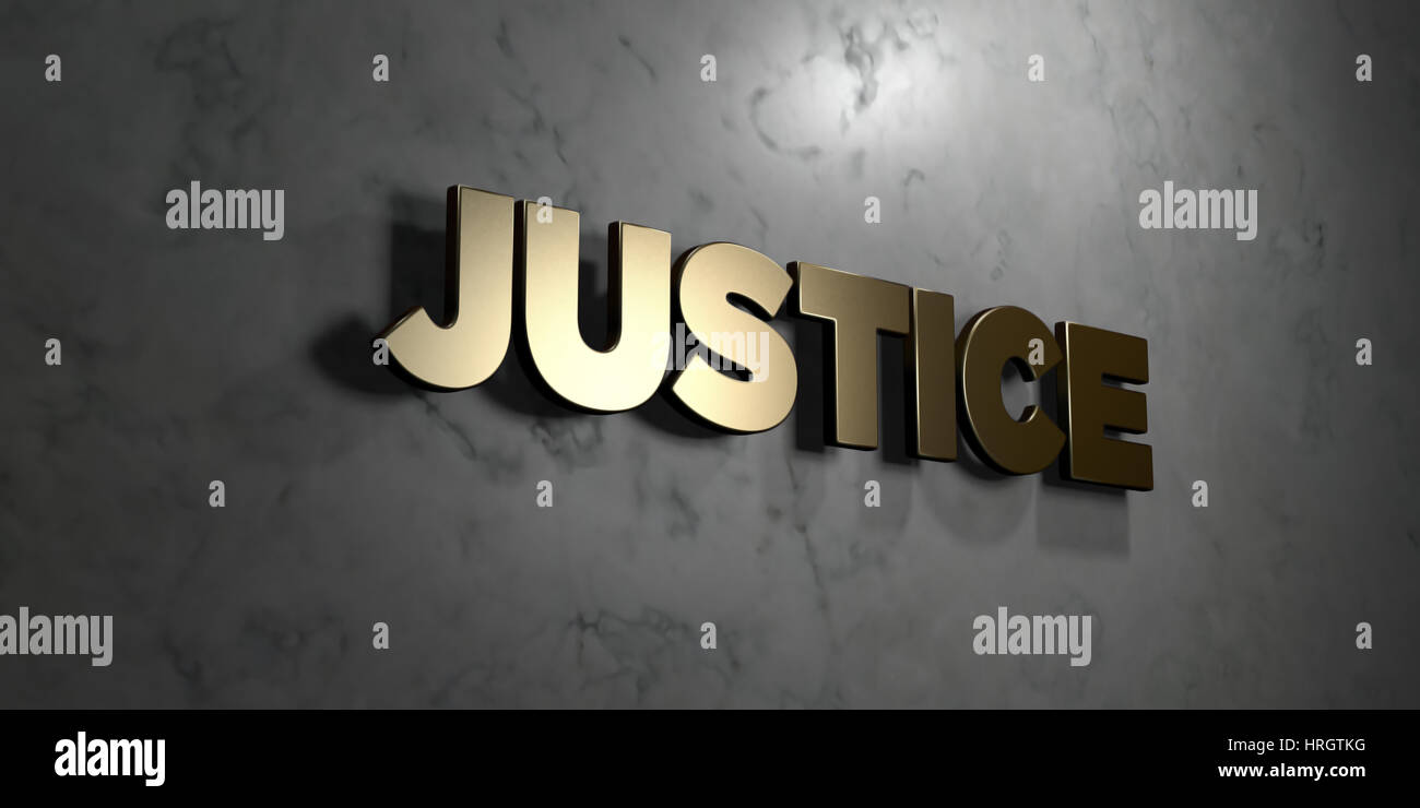 Justice - Gold sign mounted on glossy marble wall - 3D rendered royalty ...