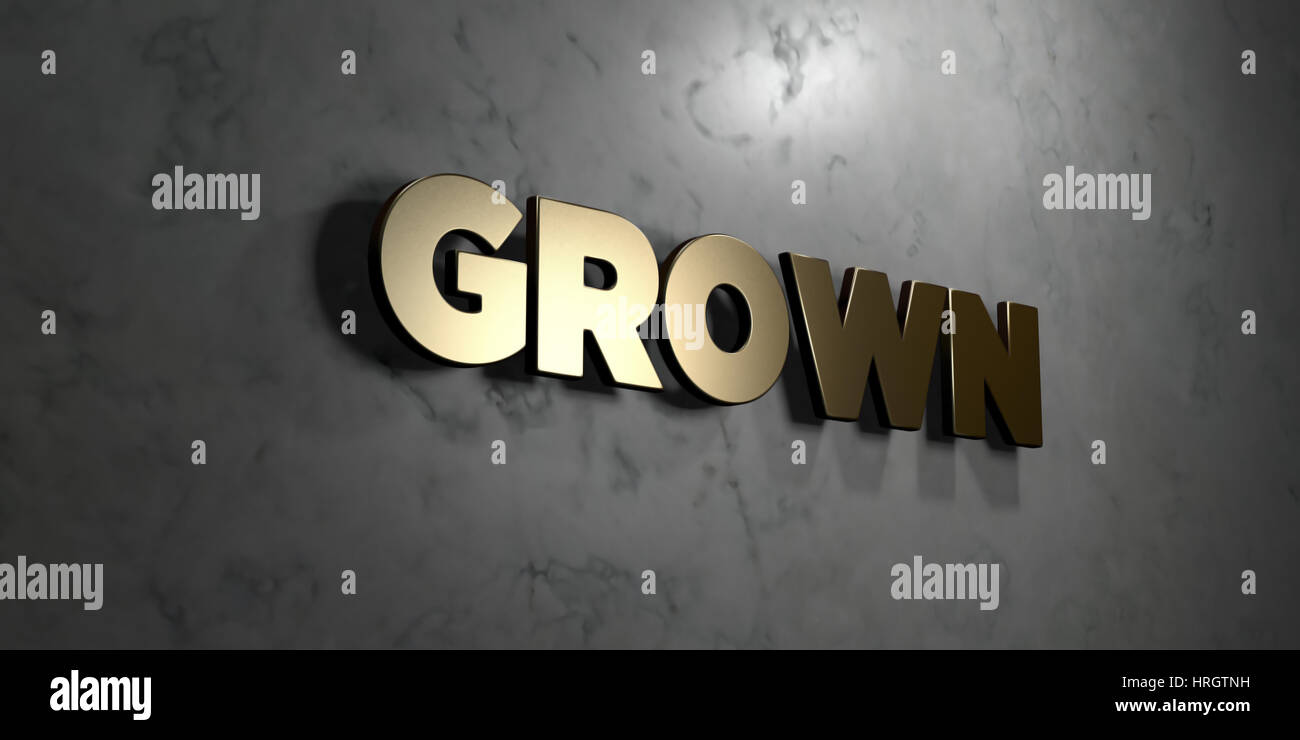 Grown - Gold sign mounted on glossy marble wall - 3D rendered royalty ...