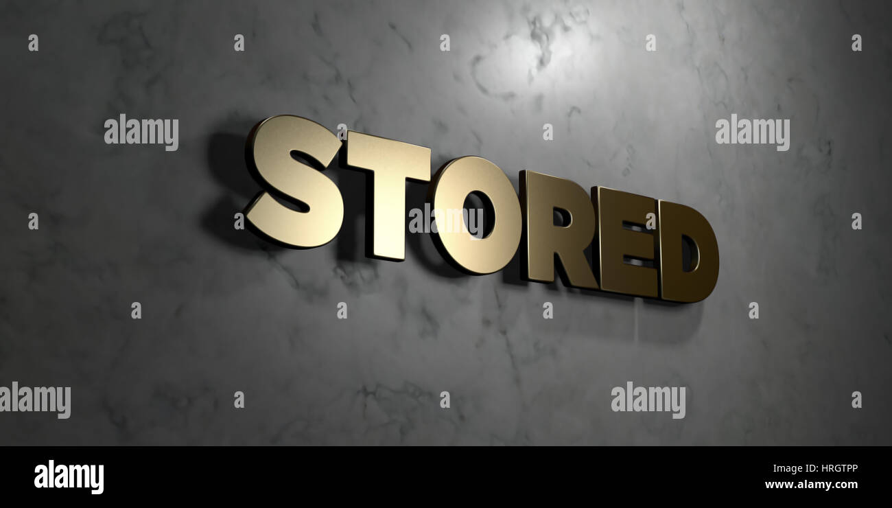 Stored - Gold sign mounted on glossy marble wall - 3D rendered royalty ...
