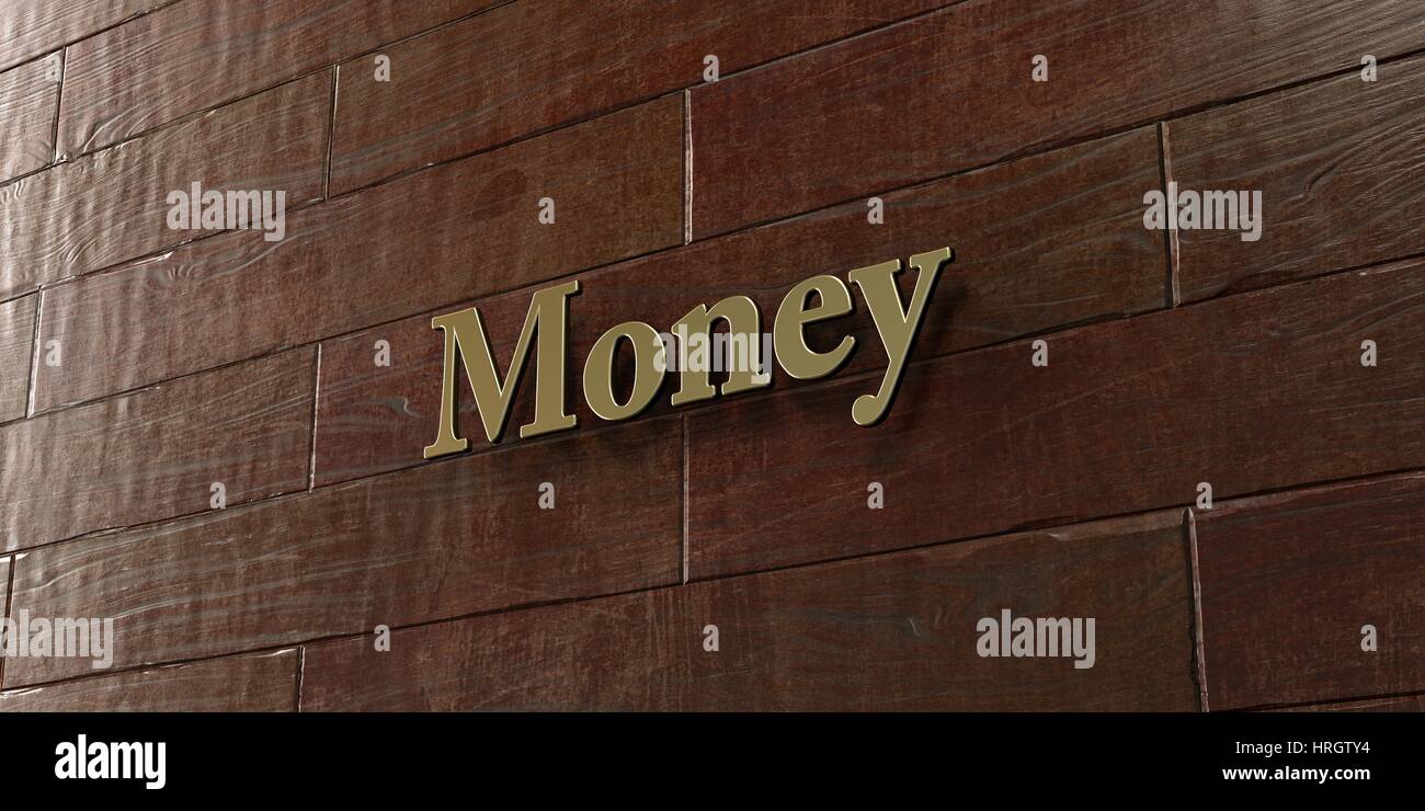 Money - Bronze plaque mounted on maple wood wall - 3D rendered royalty ...