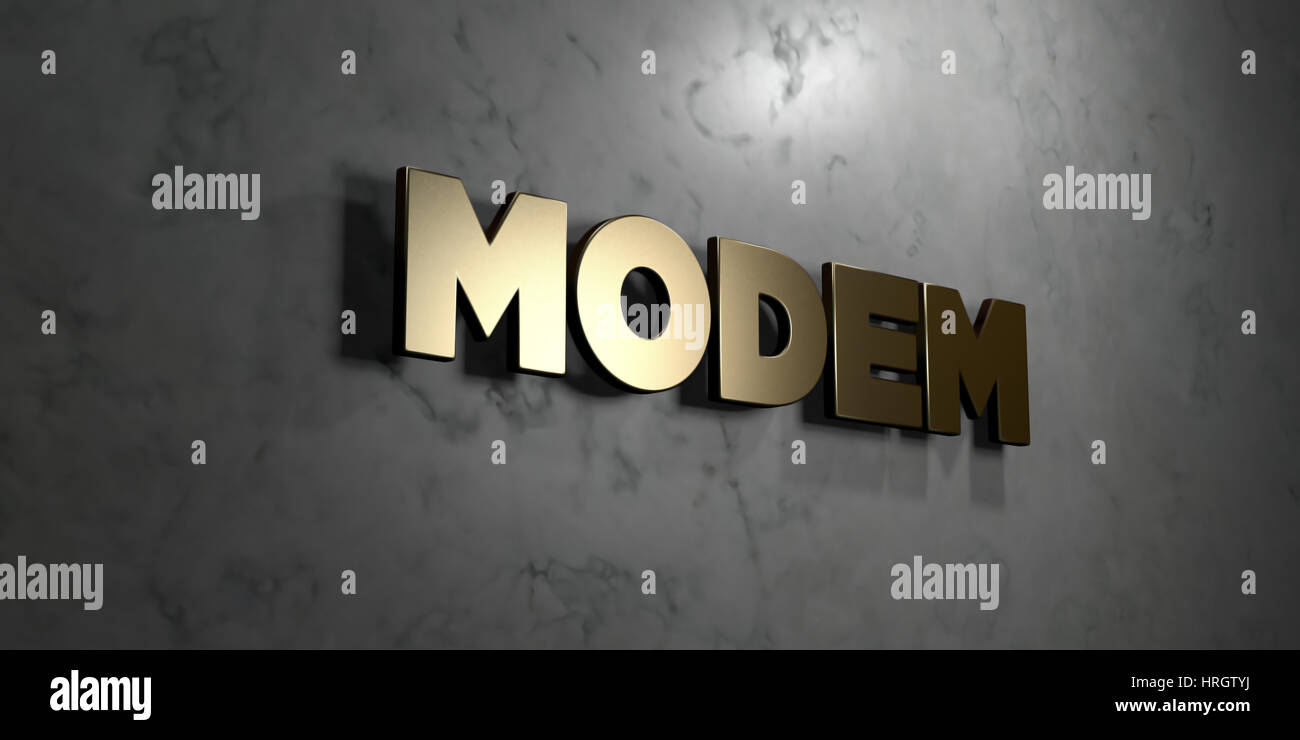 Modem - Gold sign mounted on glossy marble wall - 3D rendered royalty ...