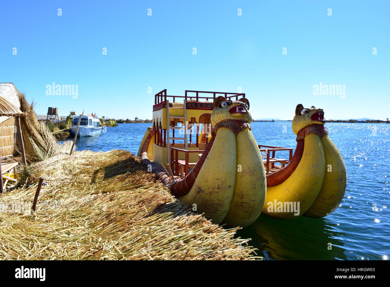 Typical peruvian boat (aka Totora boat) in the island of Uros, Titicaca ...