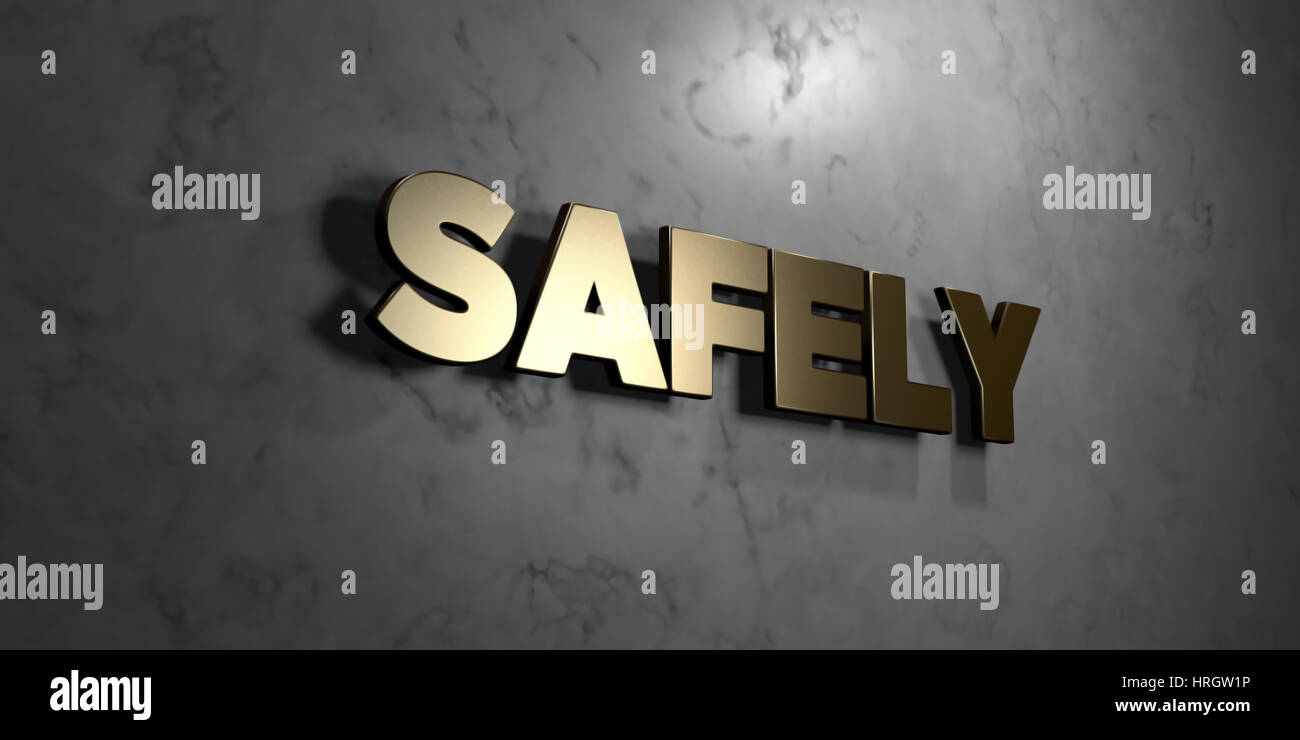 Safely - Gold sign mounted on glossy marble wall - 3D rendered royalty ...